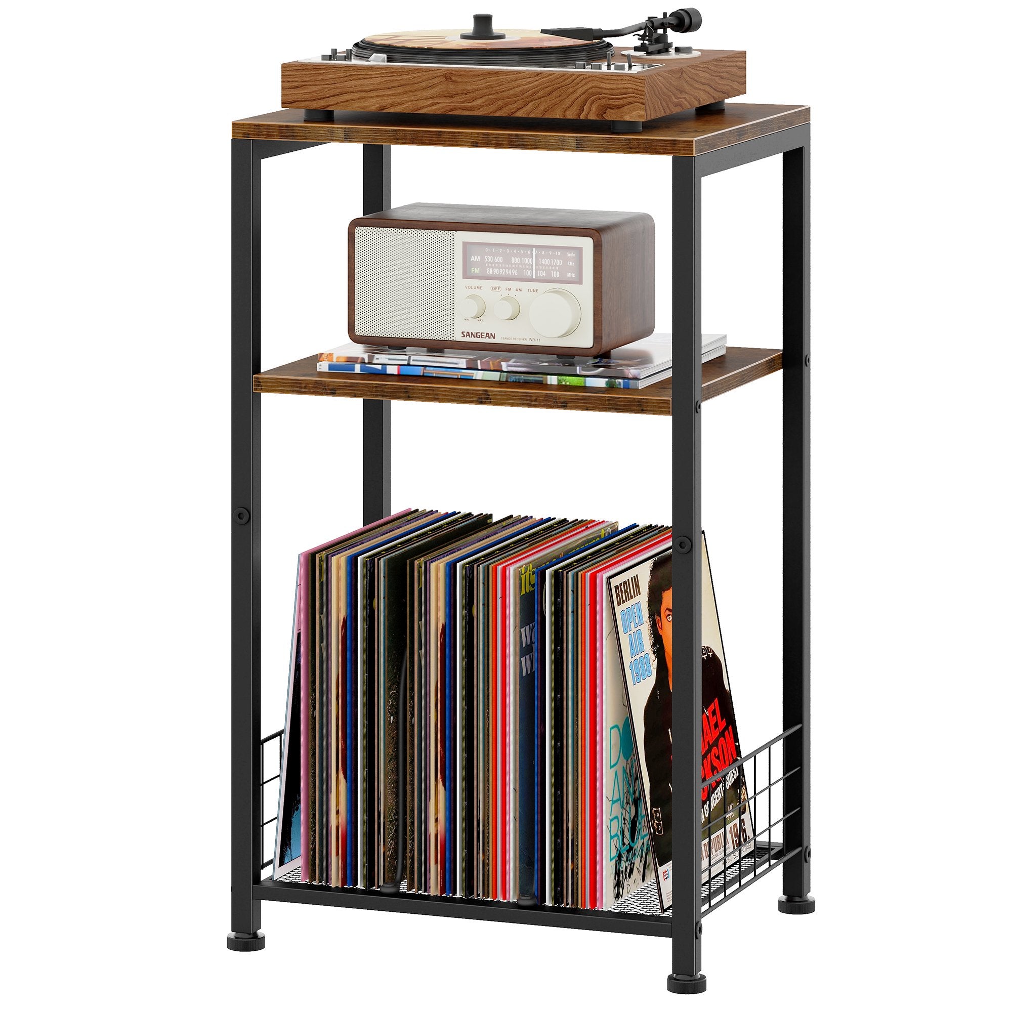 3-Tier End Side Table, Movable Record Player Stand with Vinyl Record S ...